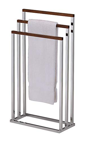 Pilaster Designs Preston Chrome Metal and Walnut Wood Transitional 3 Tier Freestanding Bathroom Towel Rack Organizer