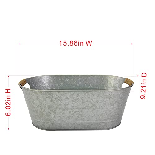 2 Pack Farmhouse Metal Galvanized Beverage Tub, Beer, Wine, Ice Holder - Ice Buckets for Parties,1.45 Gallons Rustic Vintage Storage Oval Bucket Bin - Galvanized/Cutout Handle with PE Rattan