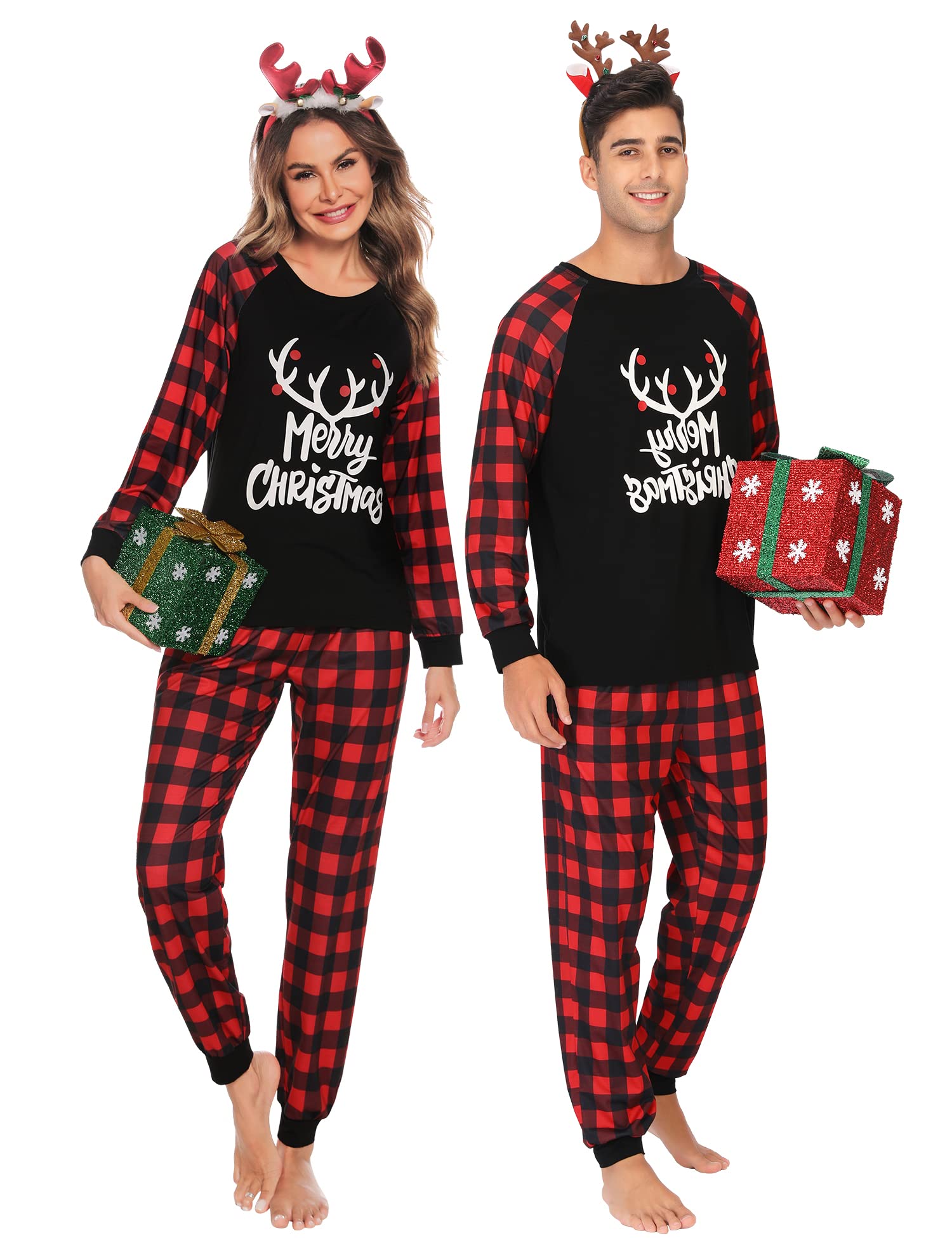 SWOMOG Christmas Matching Couple Pajamas Sets Family Xmas Jammies Casual Long-Sleeve Sleepwear Sets Festival PJ Set Women and Men Merry Chrismas Large