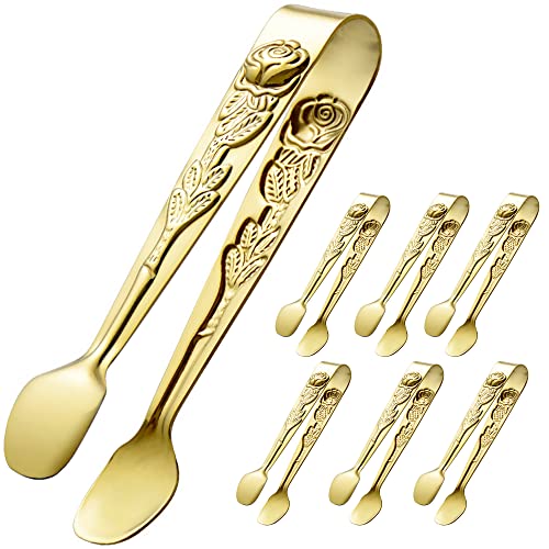 HINMAY 6PCS Mini Serving Tongs 4 Inches Small Rose Sugar Cube Tongs (Gold)