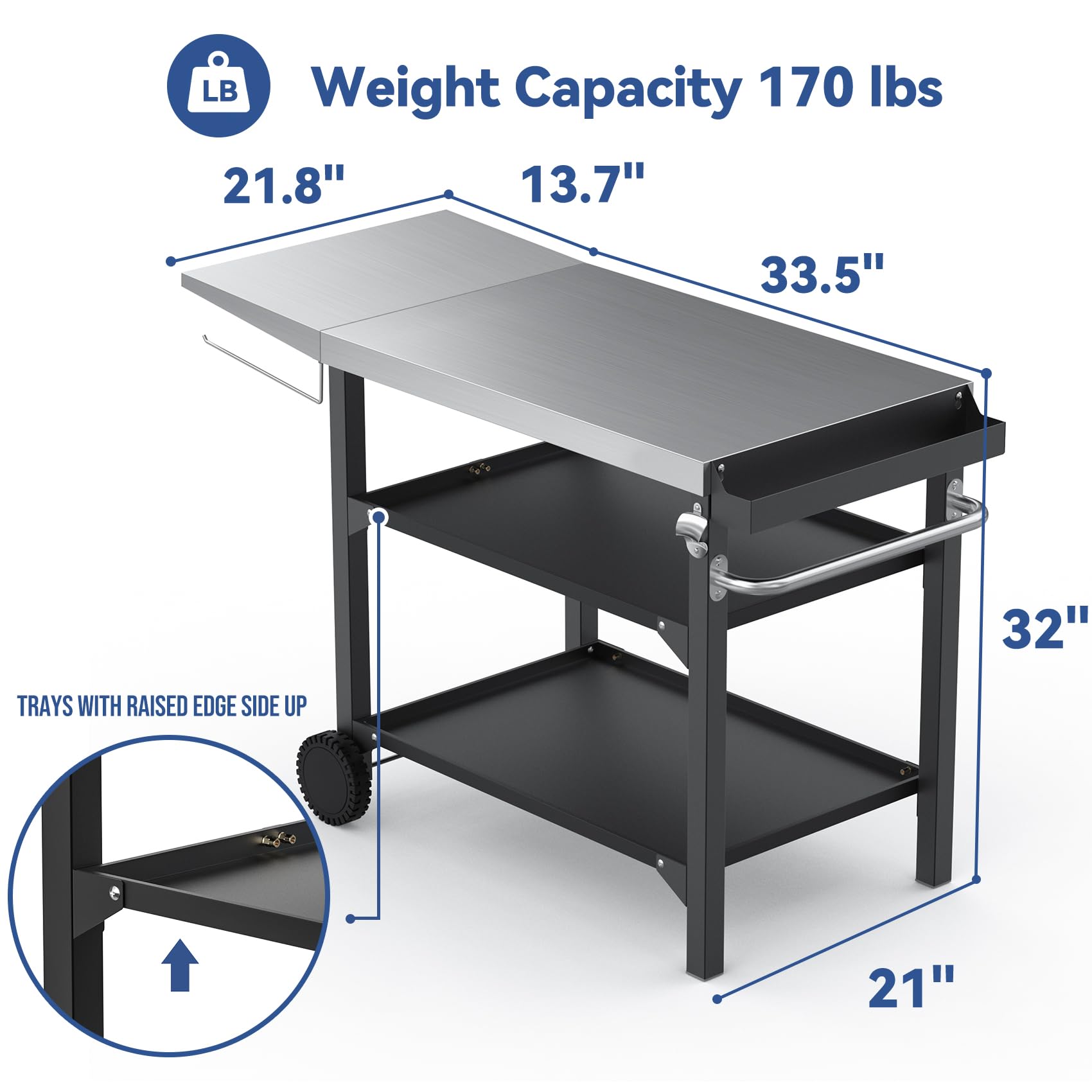 Skyflame Movable Outdoor Dining Cart Table, Three-Shelf Stainless Steel BBQ Grill Cart, Multifunctional Food Prep Flattop Worktable on Wheels for Kitchen, Pizza Oven, Patio Grilling Backyard