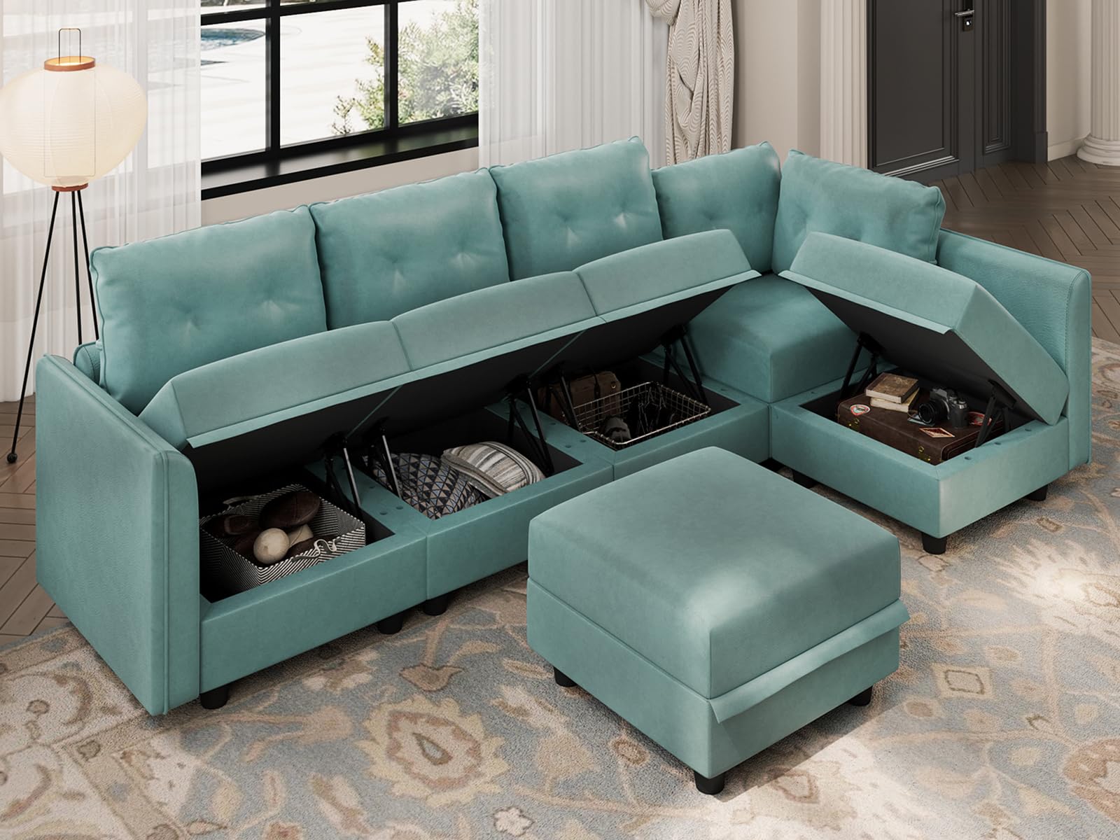 LLappuil Modular Sectional Sofa, Convertible L Shaped Sectional Couch with Storage, Faux Leather Fabric, Modular Sectionals with Chaise, 5 Seats with Ottoman Sofas for Living Room, Aqua Blue