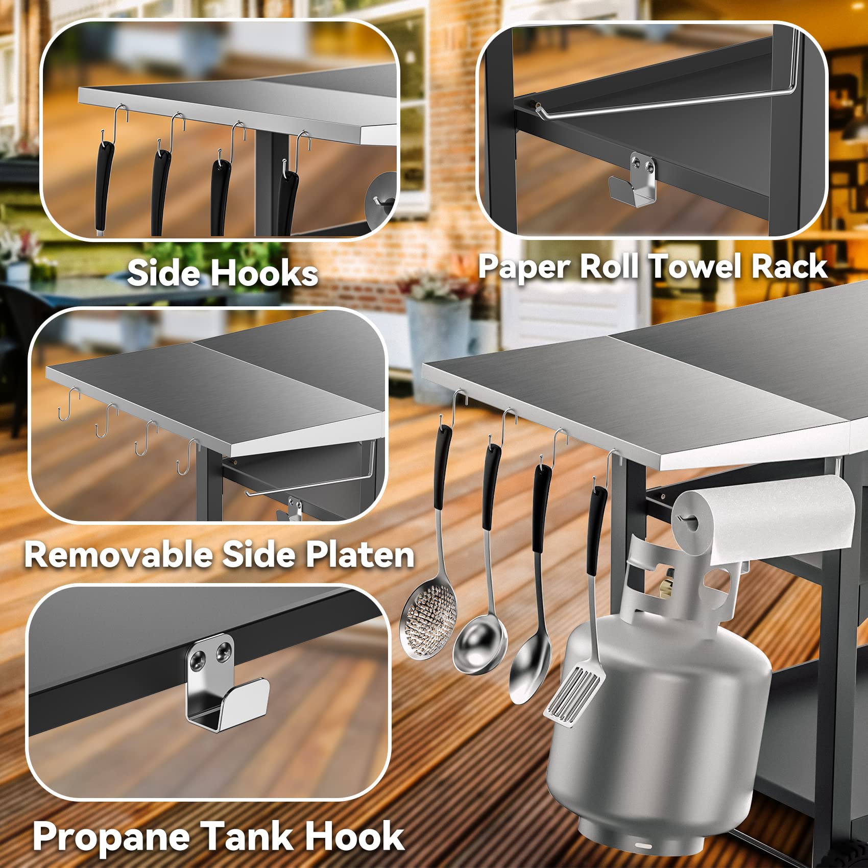 Skyflame Movable Outdoor Dining Cart Table, Three-Shelf Stainless Steel BBQ Grill Cart, Multifunctional Food Prep Flattop Worktable on Wheels for Kitchen, Pizza Oven, Patio Grilling Backyard
