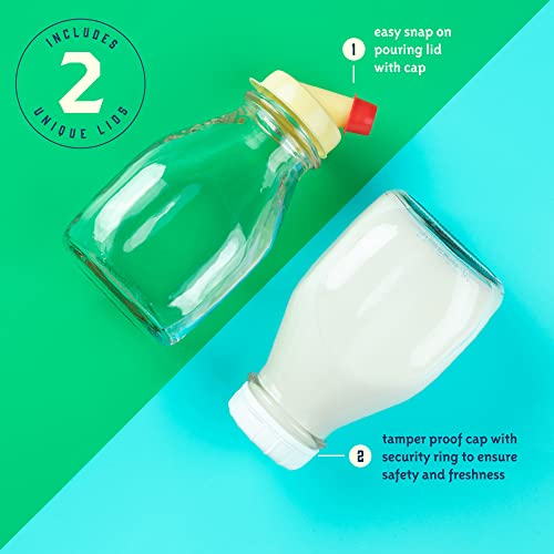 Kitchentoolz 16 Oz Glass Milk and Creamer Bottle with Caps - Perfect Milk Container for Refrigerator Storage - 16 Ounce Short and Wide Glass Milk Bottle with Tamper Proof Lid and Pour Spout - Pack of 1