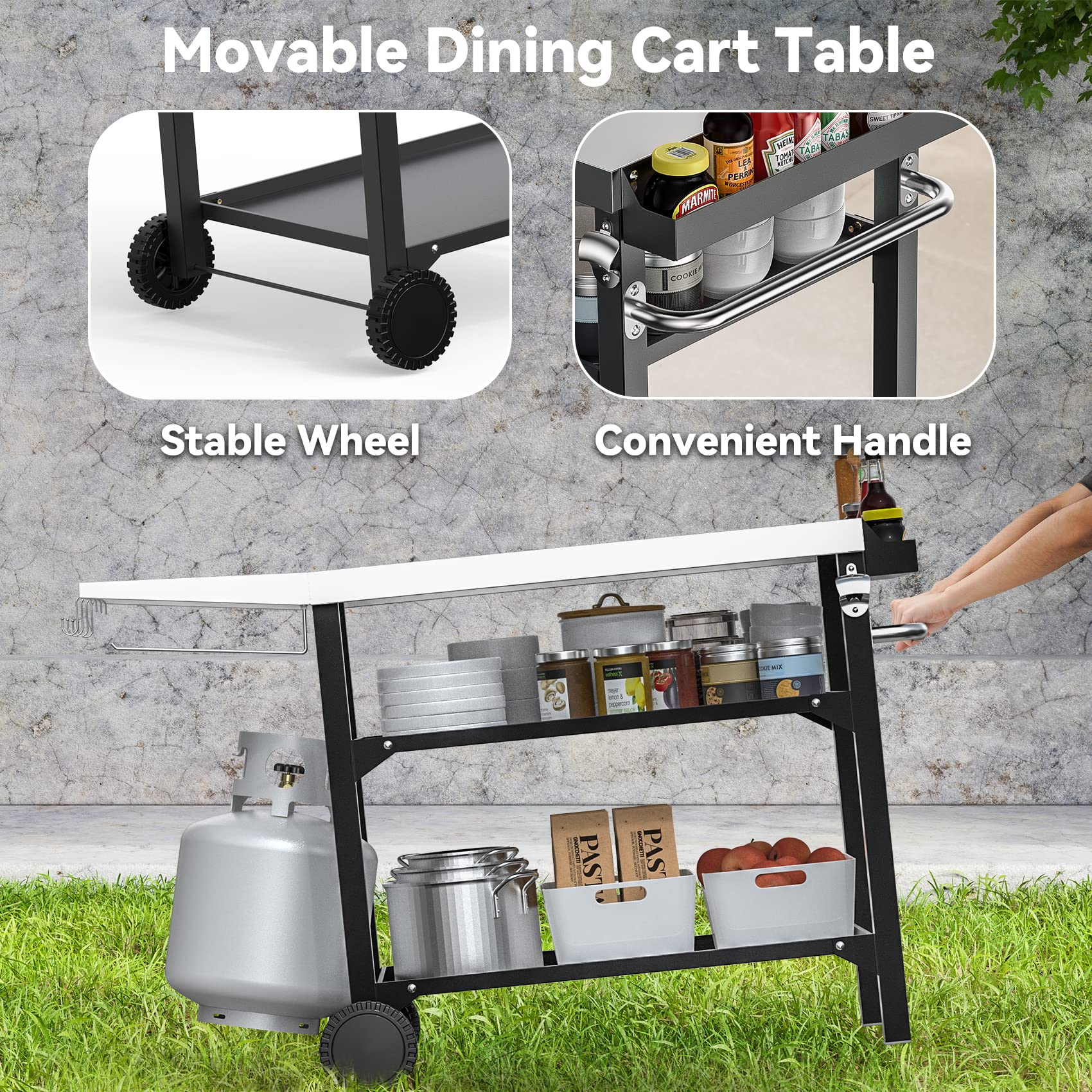 Skyflame Movable Outdoor Dining Cart Table, Three-Shelf Stainless Steel BBQ Grill Cart, Multifunctional Food Prep Flattop Worktable on Wheels for Kitchen, Pizza Oven, Patio Grilling Backyard
