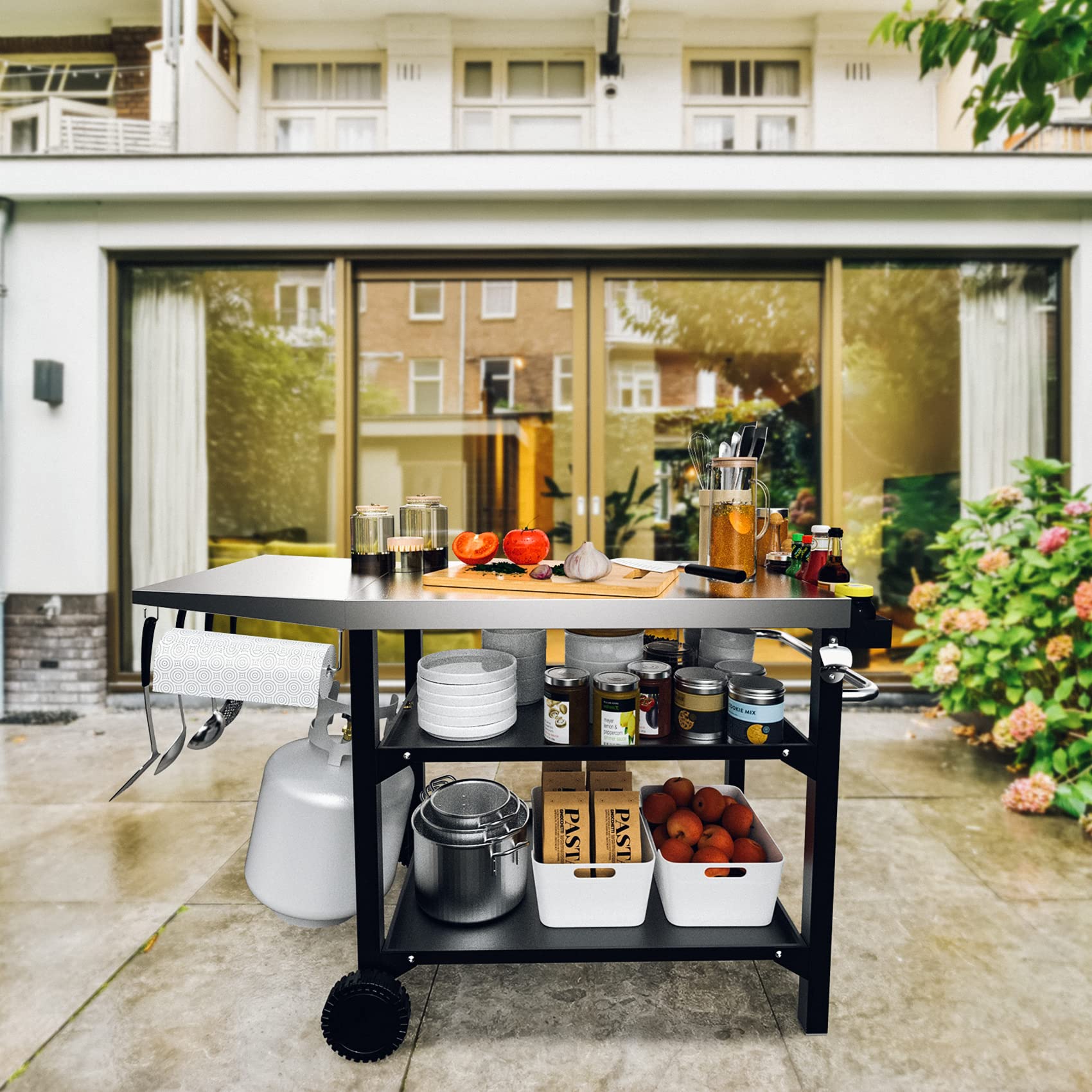 Skyflame Movable Outdoor Dining Cart Table, Three-Shelf Stainless Steel BBQ Grill Cart, Multifunctional Food Prep Flattop Worktable on Wheels for Kitchen, Pizza Oven, Patio Grilling Backyard