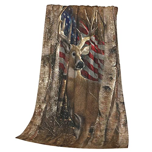 Deer Camo American Flag Throw Blanket Warm Ultra-Soft Micro Fleece Blanket for Bed Couch Living Room Decoration