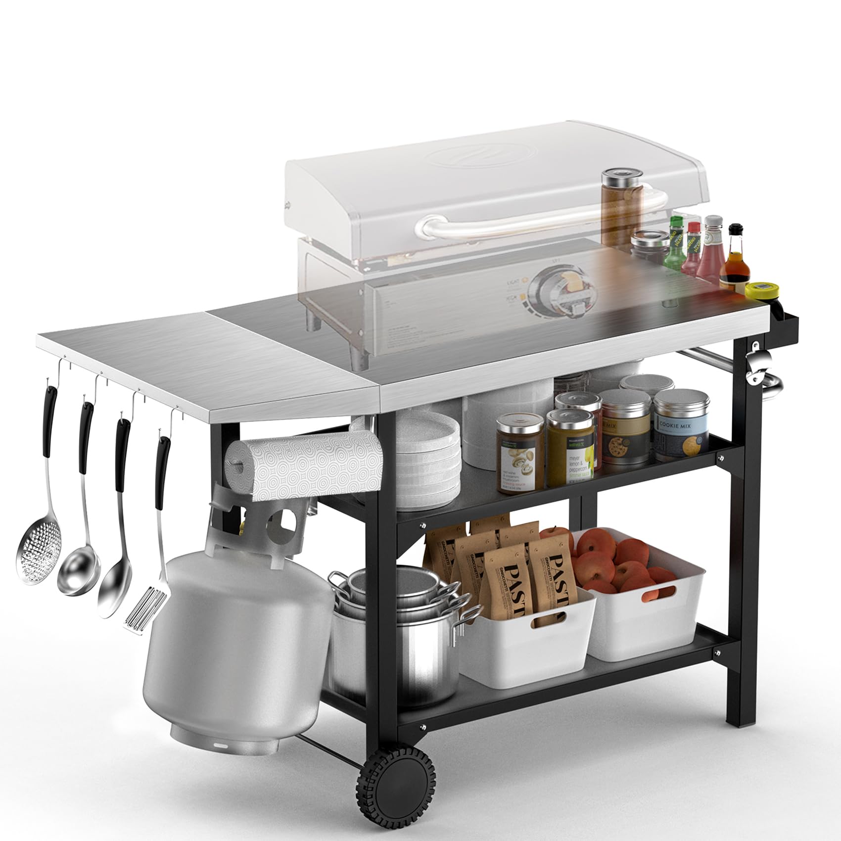 Skyflame Movable Outdoor Dining Cart Table, Three-Shelf Stainless Steel BBQ Grill Cart, Multifunctional Food Prep Flattop Worktable on Wheels for Kitchen, Pizza Oven, Patio Grilling Backyard