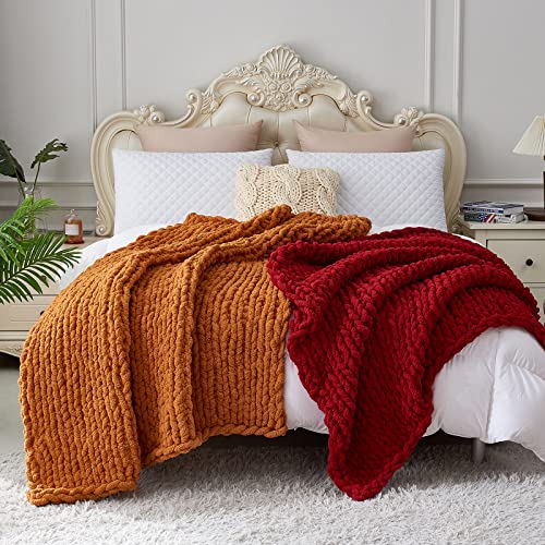 Longhui bedding Handmade Chunky Knit Blankets, Luxurious Chenille Cable Knit Throw Blanket Yarn for Couch Sofa and Bed, Ultra Soft Decorative Burnt Orange Christmas Blanket, Machine Washable 51 x 63