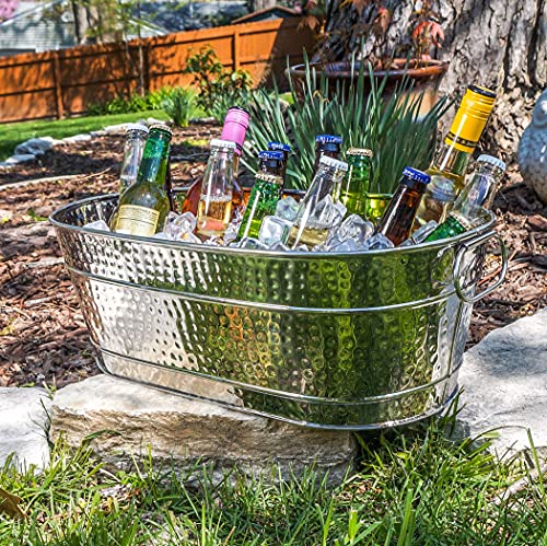 BREKX Stainless-Steel Ice Bucket & Beverage Tub for Parties, Hammered Stainless Steel Finish, Leak-Proof, Rust-Proof, with Handles - 15 Quarts