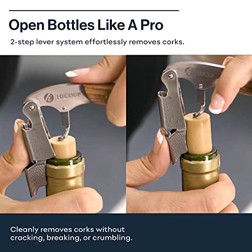 Hicoup Wine Opener - Professional Corkscrews for Wine Bottles w/ Foil Cutter and Cap Remover - Manual Wine Key for Servers, Waiters, Bartenders and Home Use - Stainless Steel w/ Sapphire Resin Inlay