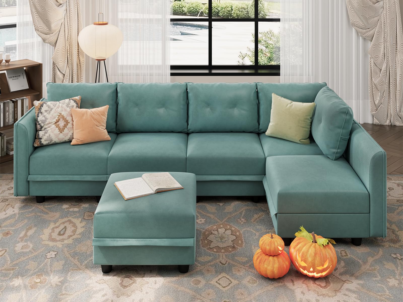 LLappuil Modular Sectional Sofa, Convertible L Shaped Sectional Couch with Storage, Faux Leather Fabric, Modular Sectionals with Chaise, 5 Seats with Ottoman Sofas for Living Room, Aqua Blue