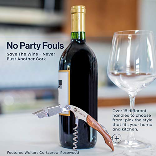 Hicoup Wine Opener - Professional Corkscrews for Wine Bottles w/ Foil Cutter and Cap Remover - Manual Wine Key for Servers, Waiters, Bartenders and Home Use - Stainless Steel w/ Sapphire Resin Inlay