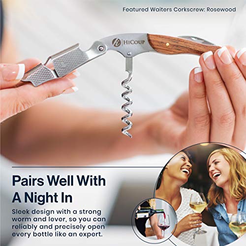 Hicoup Wine Opener - Professional Corkscrews for Wine Bottles w/ Foil Cutter and Cap Remover - Manual Wine Key for Servers, Waiters, Bartenders and Home Use - Stainless Steel w/ Sapphire Resin Inlay