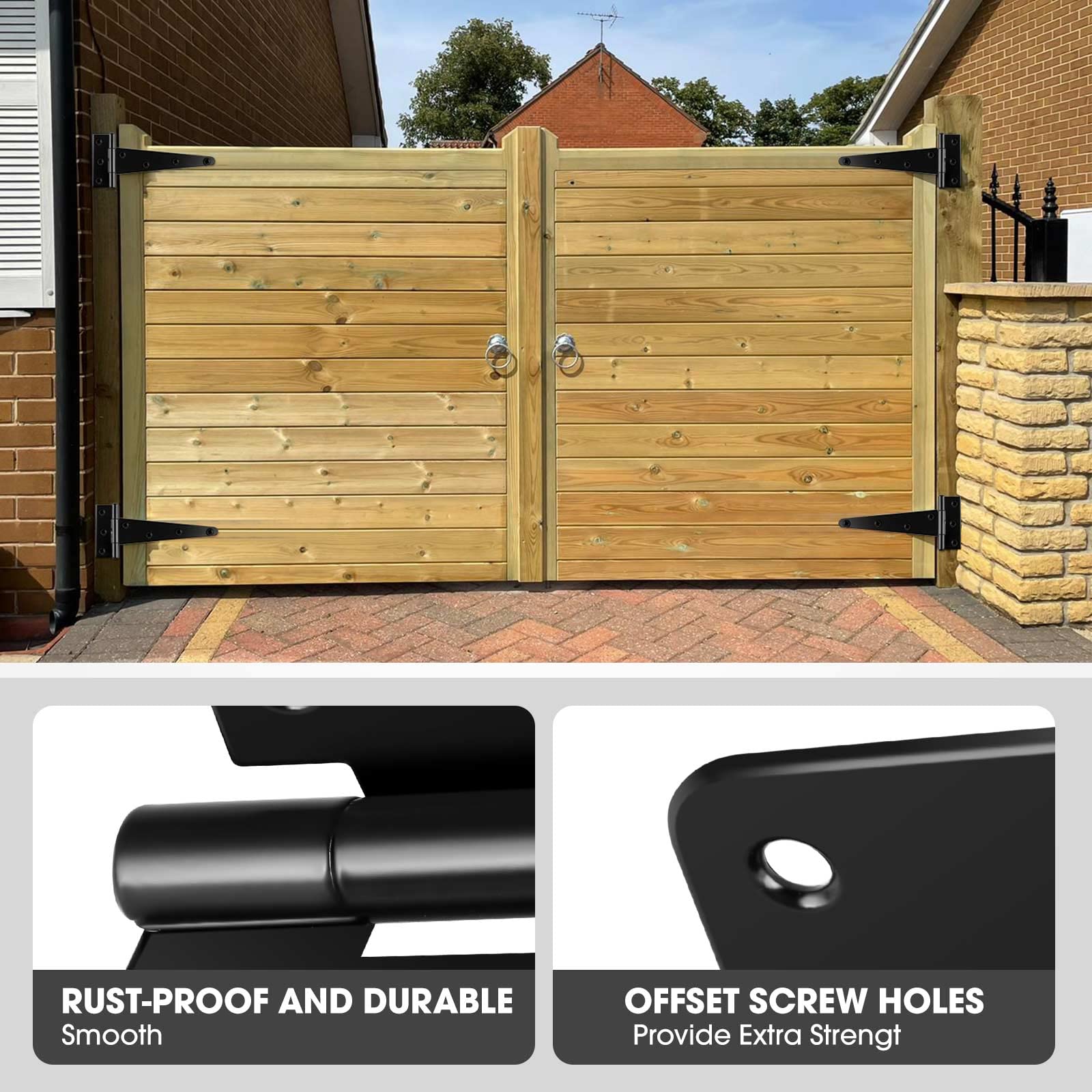Gate Hinges Heavy Duty, Black T-Strap Strap Shed Hinge,180° Barn Door Hinges,Fence Gate Hardware Kit,Includes Anti-Rust Screws(2pcs,8inch)