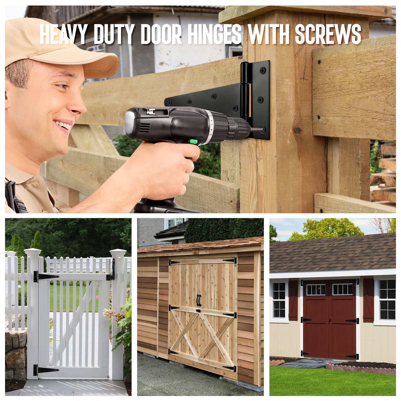 Gate Hinges Heavy Duty, Black T-Strap Strap Shed Hinge,180° Barn Door Hinges,Fence Gate Hardware Kit,Includes Anti-Rust Screws(2pcs,8inch)