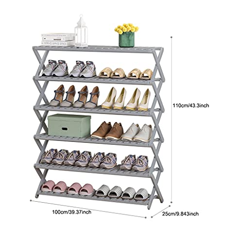 6-Tier Foldable Bamboo Shoe Organizer Rack, Bamboo Stackable Shoe Shelf Storage Organizer, Shoe Rack Household Shelves Multifunctional Storage Free Standing Shoe Shelf Grey