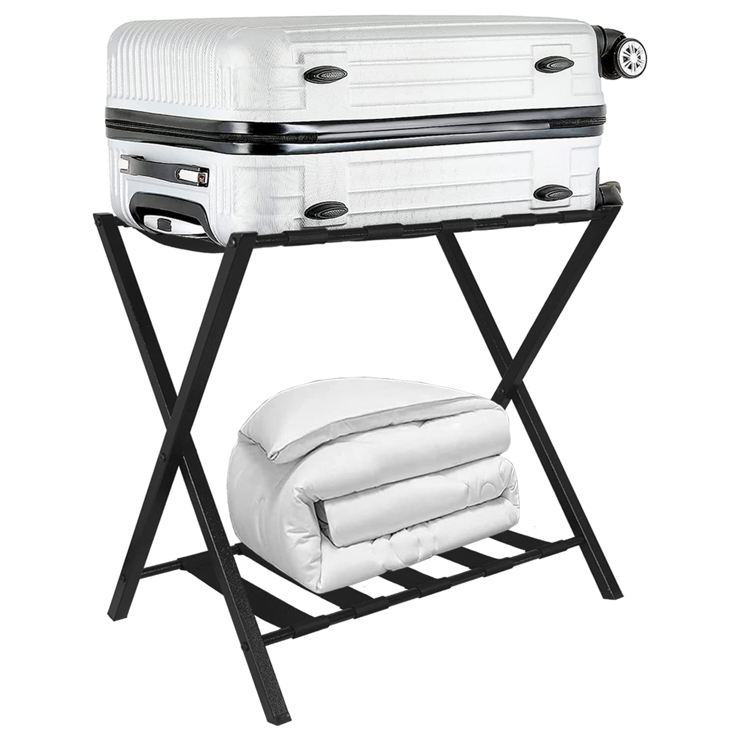 Black Luggage Rack with Shelf Foldable Suitcase Rack Metal Folding Luggage Stand Suitcase Holder for Bedroom Hotel Guest Room, Black (1 Pack)
