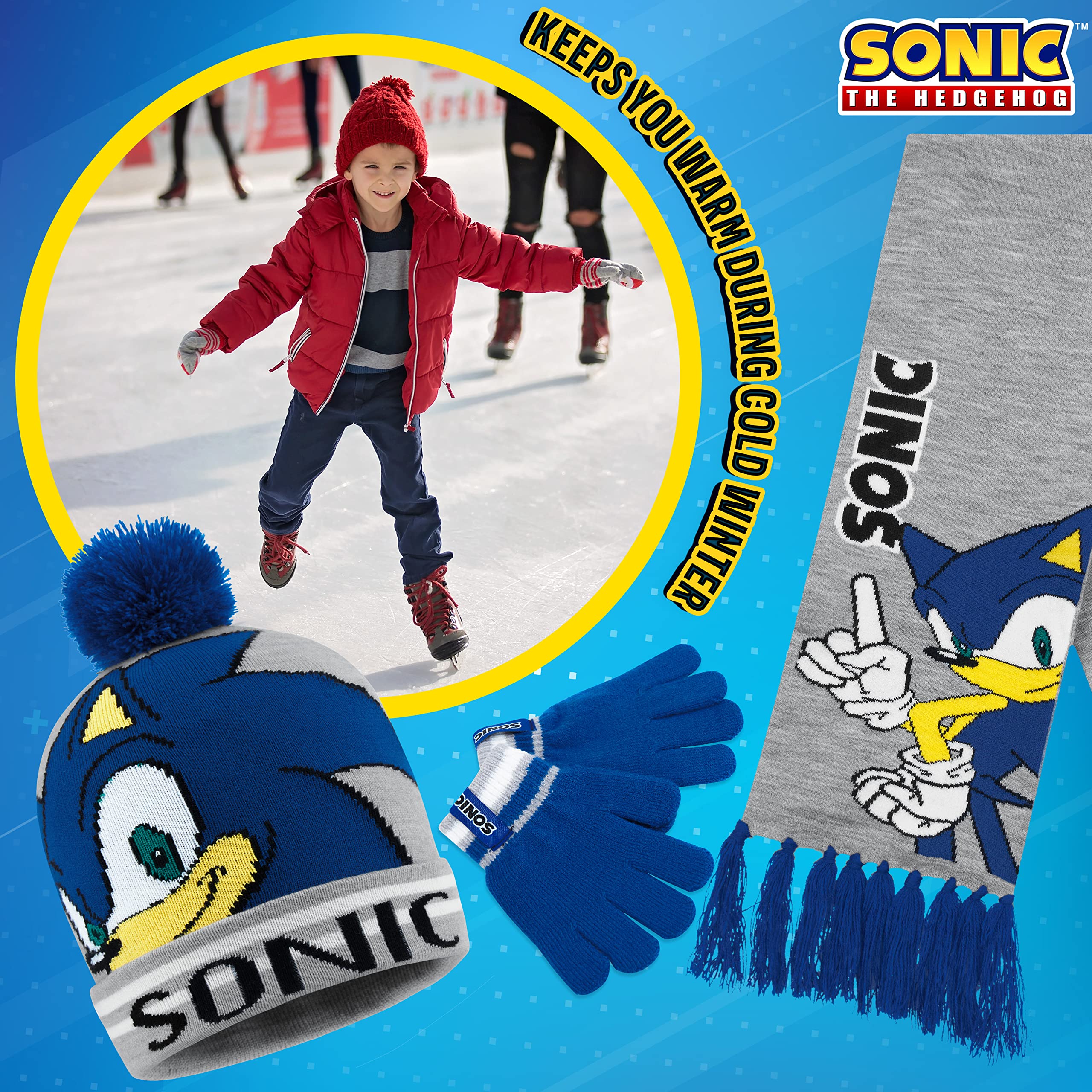Sonic The Hedgehog Beanie Hat Scarf and Gloves Set for Boys (Multicolour- 3 Pieces)