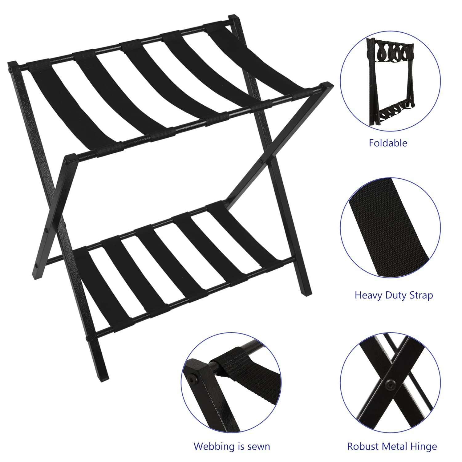 Black Luggage Rack with Shelf Foldable Suitcase Rack Metal Folding Luggage Stand Suitcase Holder for Bedroom Hotel Guest Room, Black (1 Pack)