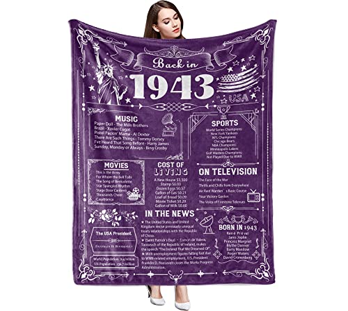 80th Birthday Gifts for Women 1943 Blanket 60x50 Inches, Best 80th Birthday Gifts, 80 Year Old Birthday Gifts for Women, 80th Birthday Decorations for Women Wife Mom Grandma Soft Warm Purple Blanket