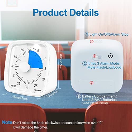 Yunbaoit Visual Timer with Night Light, 60-Minute Countdown Timer for Kids and Adults, Silent Classroom Timer, Time Management Tool for Home, School, or Work (Light White)