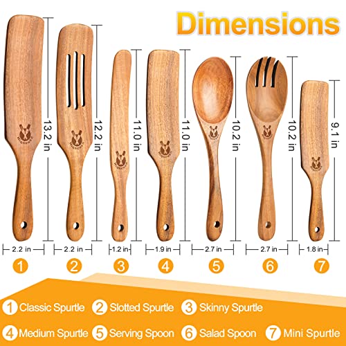 Spurtles Kitchen Tools As Seen On TV, 7Pcs Wooden Spurtle Set Spatula Set, Natural Premium Acacia Wooden Spoons for Cooking Heat Resistant Cooking Utensil for Nonstick Cookware, Salad, Mixing, Serving