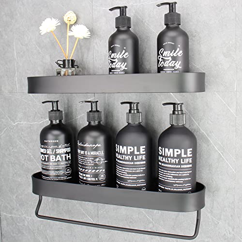 Shower Caddy Black Bathroom Shelves Wall Mounted 2 Pack with Towel Rack Spice Rack for Wall No Drilling Rustproof Space Aluminum for Kitchen Toilet (38cm)