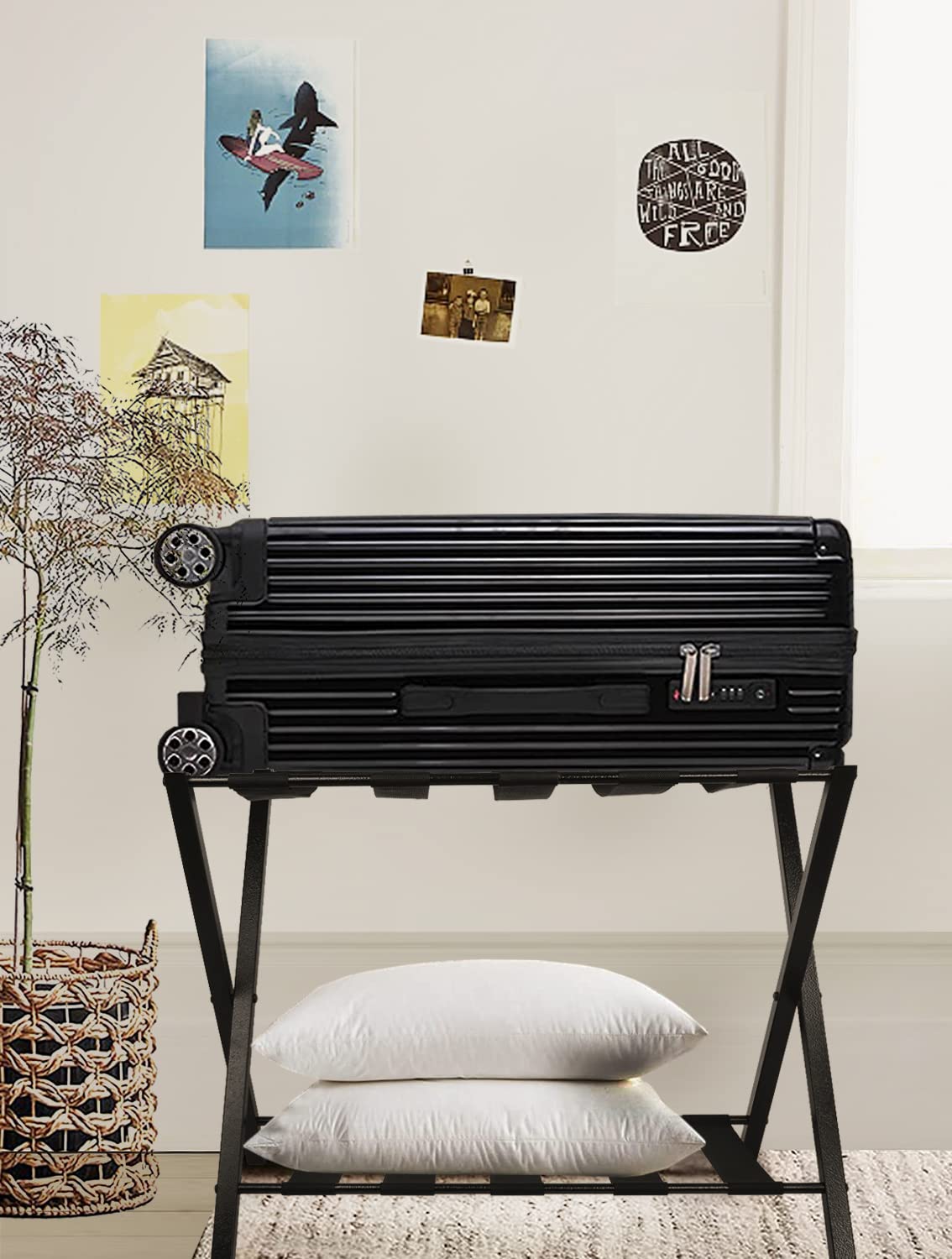 Black Luggage Rack with Shelf Foldable Suitcase Rack Metal Folding Luggage Stand Suitcase Holder for Bedroom Hotel Guest Room, Black (1 Pack)