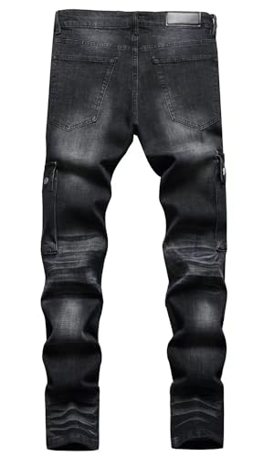 HENGAO Mens Cargo Jeans Ripped Skinny Slim Fit Stretch Jeans, Distressed Destroyed Straight Denim Pants with Pockets, 1755 Black, 40
