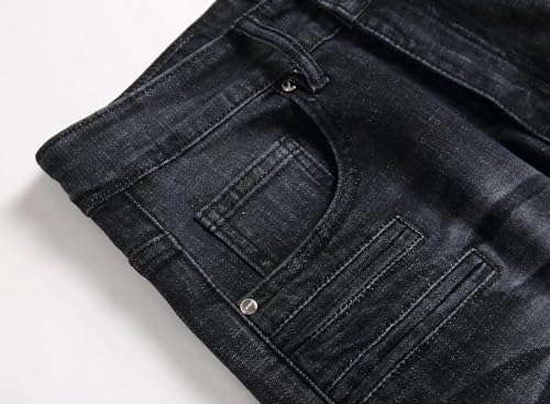 HENGAO Mens Cargo Jeans Ripped Skinny Slim Fit Stretch Jeans, Distressed Destroyed Straight Denim Pants with Pockets, 1755 Black, 40
