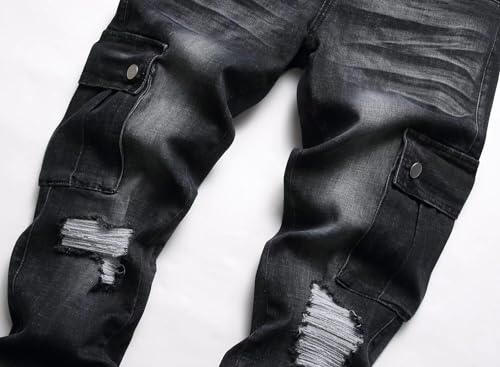 HENGAO Mens Cargo Jeans Ripped Skinny Slim Fit Stretch Jeans, Distressed Destroyed Straight Denim Pants with Pockets, 1755 Black, 40