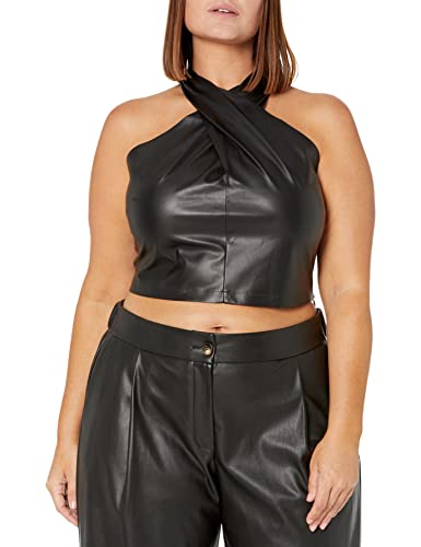 The Drop Women's Gage Vegan Leather Twist Front Halter Top, Black, S