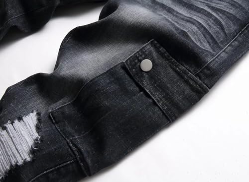 HENGAO Mens Cargo Jeans Ripped Skinny Slim Fit Stretch Jeans, Distressed Destroyed Straight Denim Pants with Pockets, 1755 Black, 40