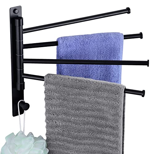 DIKUROOMS Swivel Towel Bars SUS 304 Stainless Steel 4-Arm for Bathroom Wall Mounted Swivel Towel Rack with Hooks Towel Hanger Space Saving Organizer Holder,Matte Black