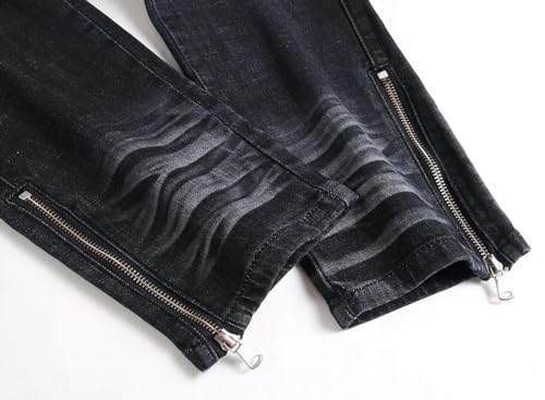 HENGAO Mens Cargo Jeans Ripped Skinny Slim Fit Stretch Jeans, Distressed Destroyed Straight Denim Pants with Pockets, 1755 Black, 40