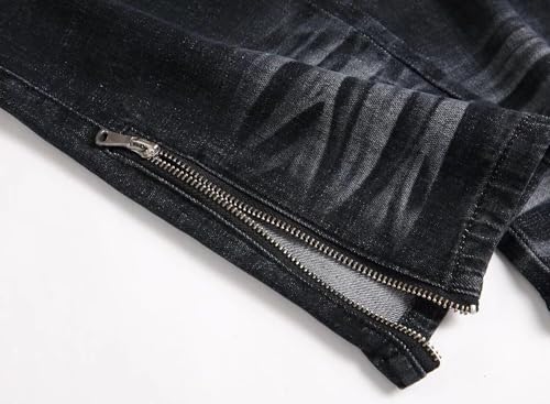 HENGAO Mens Cargo Jeans Ripped Skinny Slim Fit Stretch Jeans, Distressed Destroyed Straight Denim Pants with Pockets, 1755 Black, 40