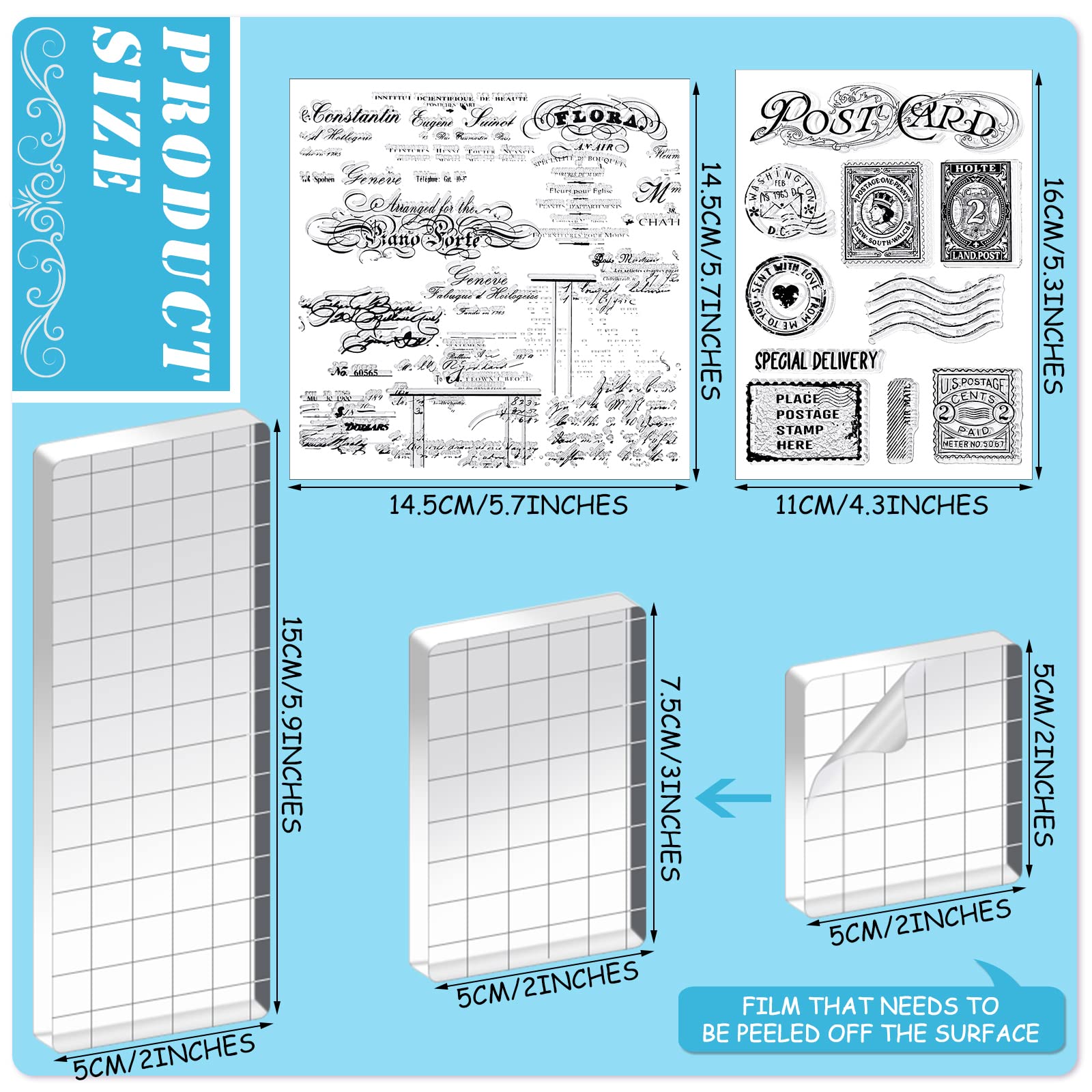 Yinder 7 Pcs Vintage Rubber Clear Stamps Set 4 Sheet Transparent Postage Silicone Stamps 3 Pcs Acrylic Stamp Block Tools with Grid Lines Rubber Craft Supplies for DIY Scrapbooking Journaling
