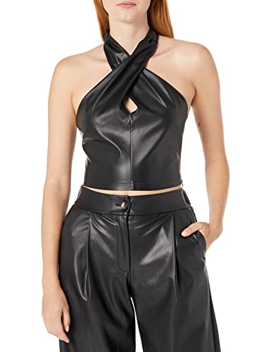 The Drop Women's Gage Vegan Leather Twist Front Halter Top, Black, S