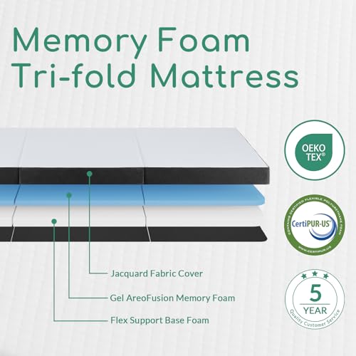 Airdown Tri-Fold Memory Foam Mattress, 5 inch Twin Folding Mattress with Washable Cover, Foldable Mattress Portable for RV Camping, Guest Mat, Easy Storage, 75"×38"×5"