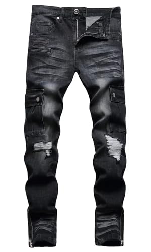 HENGAO Mens Cargo Jeans Ripped Skinny Slim Fit Stretch Jeans, Distressed Destroyed Straight Denim Pants with Pockets, 1755 Black, 40