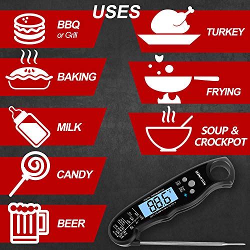KULUNER TP-01 Waterproof Digital Instant Read Meat Thermometer with 4.6β Folding Probe Backlight & Calibration Function for Cooking Food Candy, BBQ Grill, Liquids,Beef(Black)