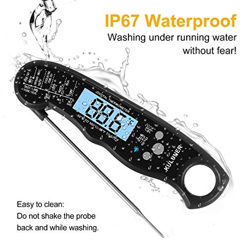 KULUNER TP-01 Waterproof Digital Instant Read Meat Thermometer with 4.6β Folding Probe Backlight & Calibration Function for Cooking Food Candy, BBQ Grill, Liquids,Beef(Black)
