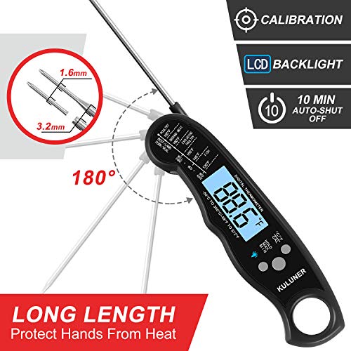 KULUNER TP-01 Waterproof Digital Instant Read Meat Thermometer with 4.6β Folding Probe Backlight & Calibration Function for Cooking Food Candy, BBQ Grill, Liquids,Beef(Black)