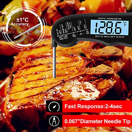KULUNER TP-01 Waterproof Digital Instant Read Meat Thermometer with 4.6β Folding Probe Backlight & Calibration Function for Cooking Food Candy, BBQ Grill, Liquids,Beef(Black)