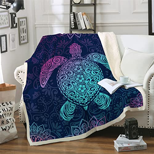 Turtle Blankets and Throws for Kids and Adults Sherpa Blanket Sea Turtle Printed Pruple and Blue Soft Fleece Throw Blanket Fuzzy Gifts for Turtle Lovers