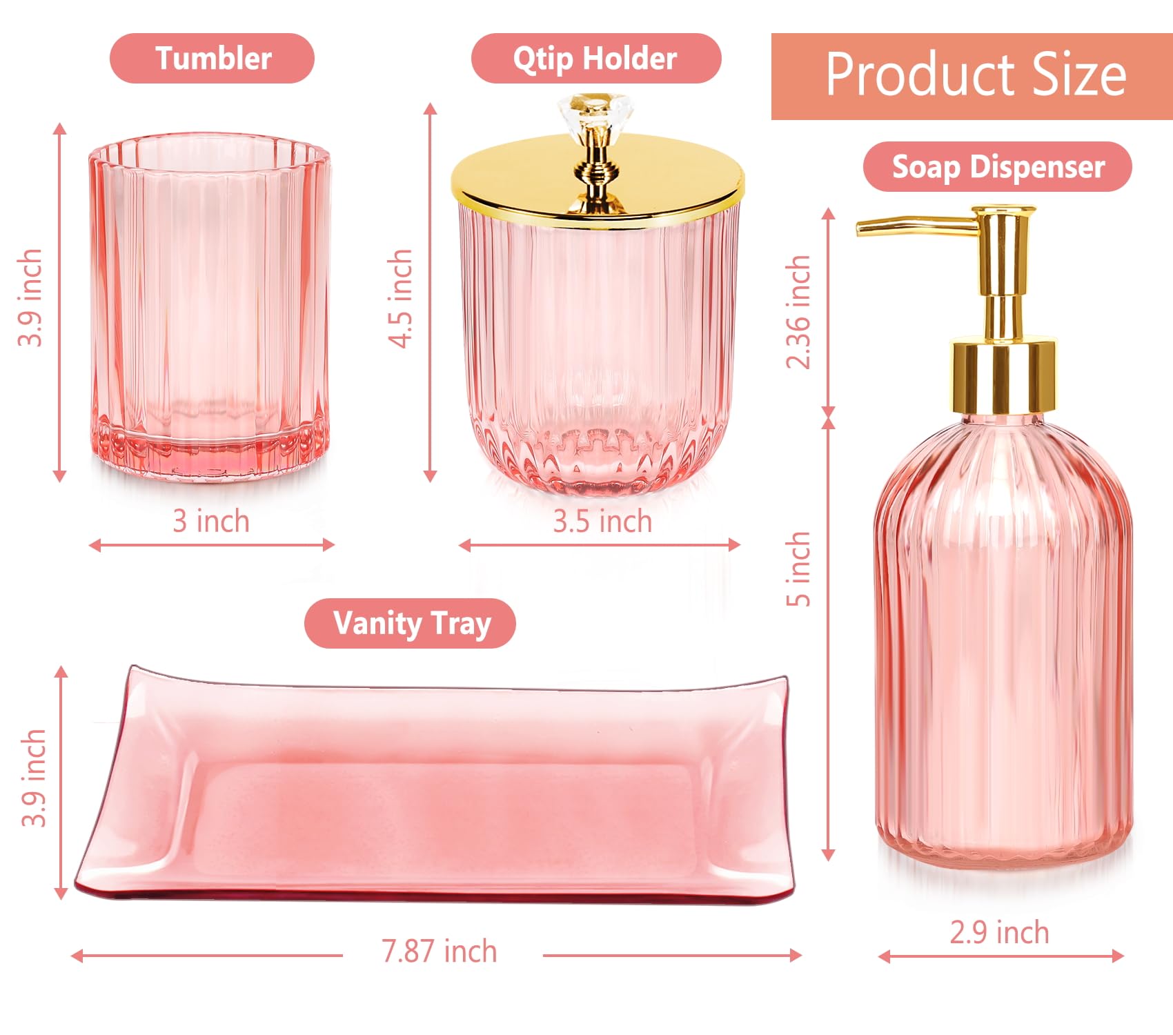 Haturi Bathroom Accessories Set, 4 Pcs Pink Glass Bathroom Accessories Sets Complete w/Lotion Soap Dispenser, Toothbrush Holder, Apothecary Jar, Vanity Tray, Bathroom Decor, Gift for Home Apartment
