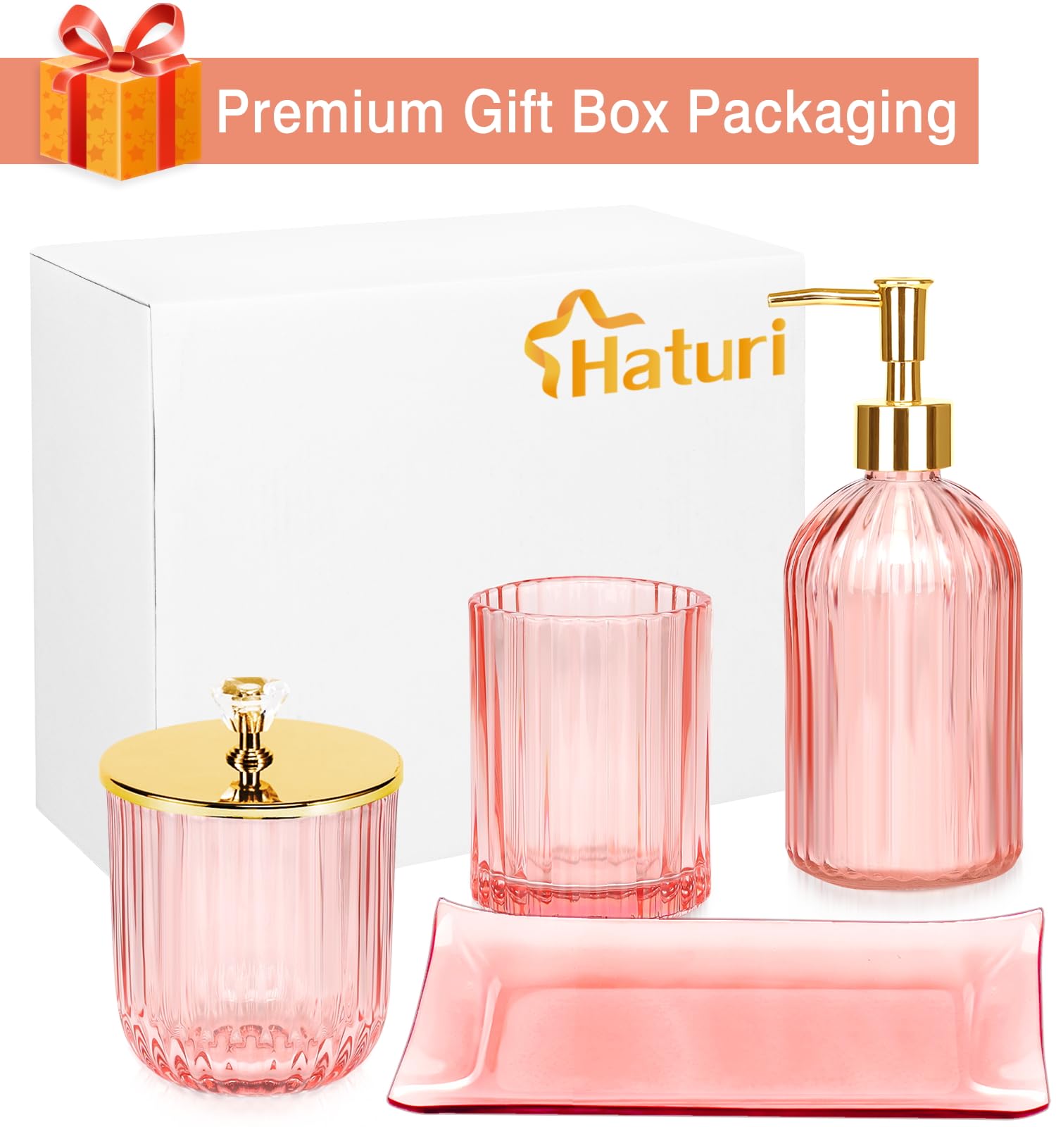 Haturi Bathroom Accessories Set, 4 Pcs Pink Glass Bathroom Accessories Sets Complete w/Lotion Soap Dispenser, Toothbrush Holder, Apothecary Jar, Vanity Tray, Bathroom Decor, Gift for Home Apartment
