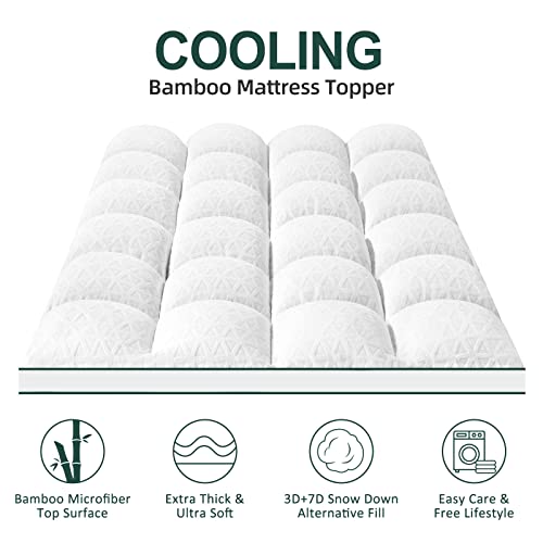 HARNY Bamboo Mattress Topper Queen Size, Cooling Breathable Extra Thick Mattress Pad Cover for Back Pain Relief Down Alternative Overfilled Plush Pillow Top with 8-21 Inch Deep Pocket