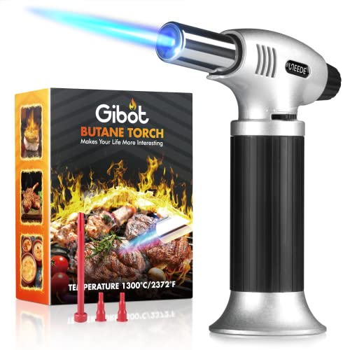 Gibot Butane Torch,Kitchen Torch Cooking Torch Creme Brulee Torch, Refillable Adjustable Flame Lighter with Safety Lock for DIY, Creme, Brulee, BBQ and Baking(Butane Gas Not Included)…
